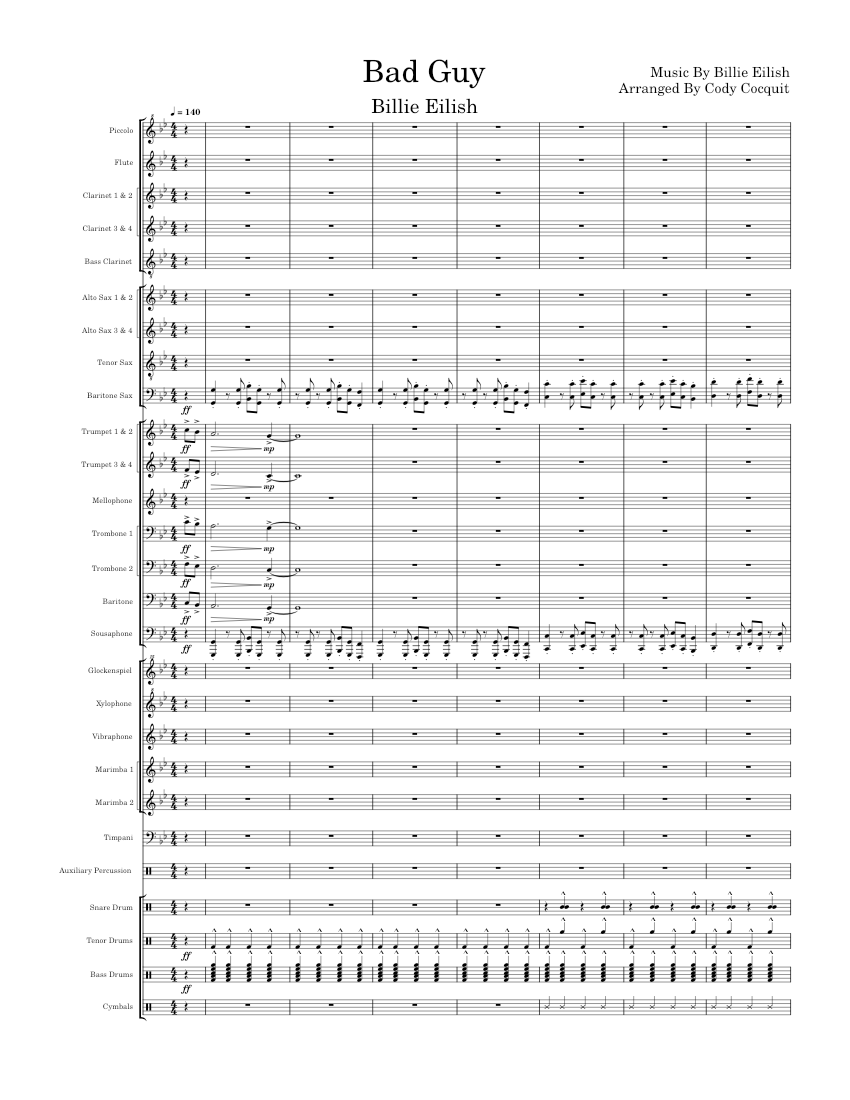 Bad guy – Billie Eilish Sheet music for Trombone, Tuba, Flute, Oboe ...