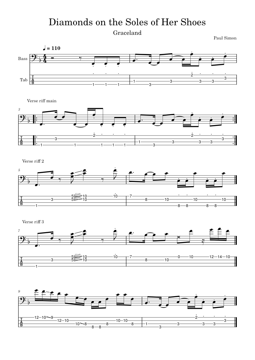 Diamonds on the Soles of Her Shoes - Bassline Sheet Music for Bass ...