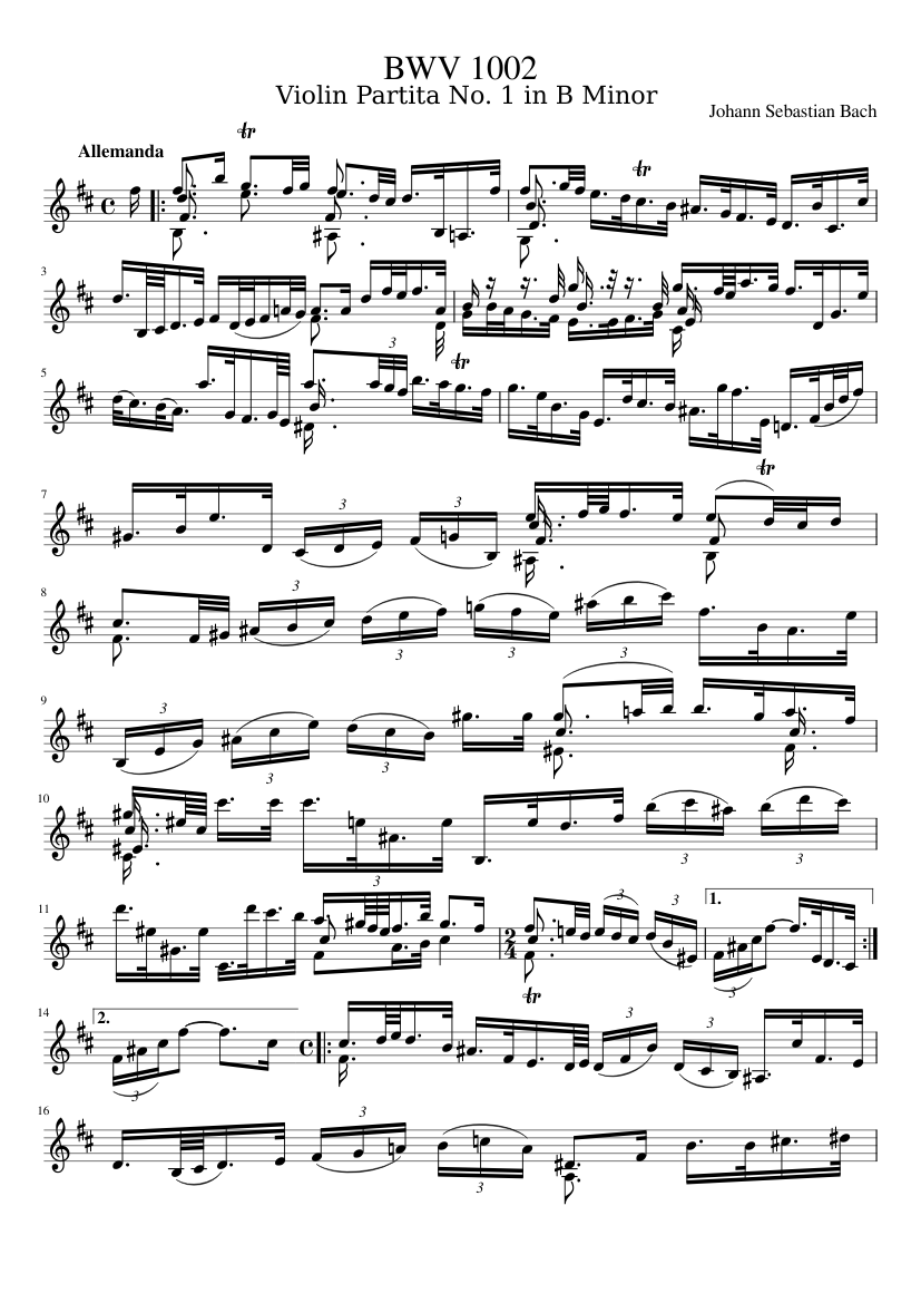 BWV 1002 Violin Partita No.1 in B minor Sheet Music for Harp (Solo ...