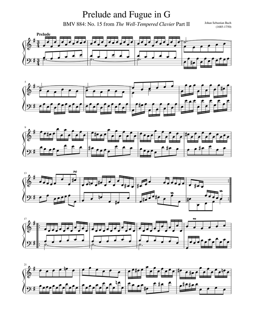 Bach JS - Prelude and Fugue in G BMV 884 No 15 Sheet music for Piano ...