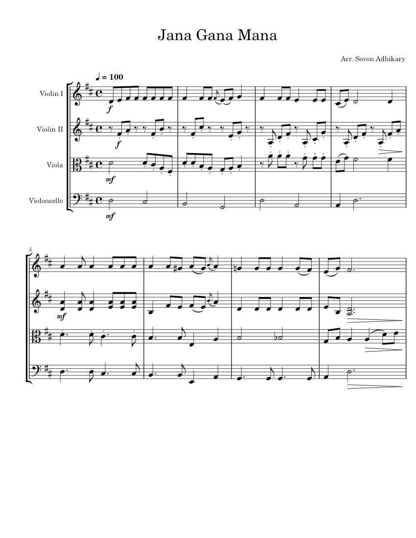 Jana Gana Mana – Rabindranath Tagore - SCORE by Sovon Adhikary Sheet music for Violin, Viola ...