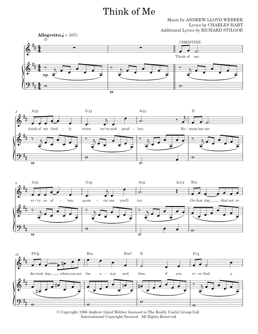 think of me Sheet music for Piano, Vocals by Andrew Lloyd Webber ...