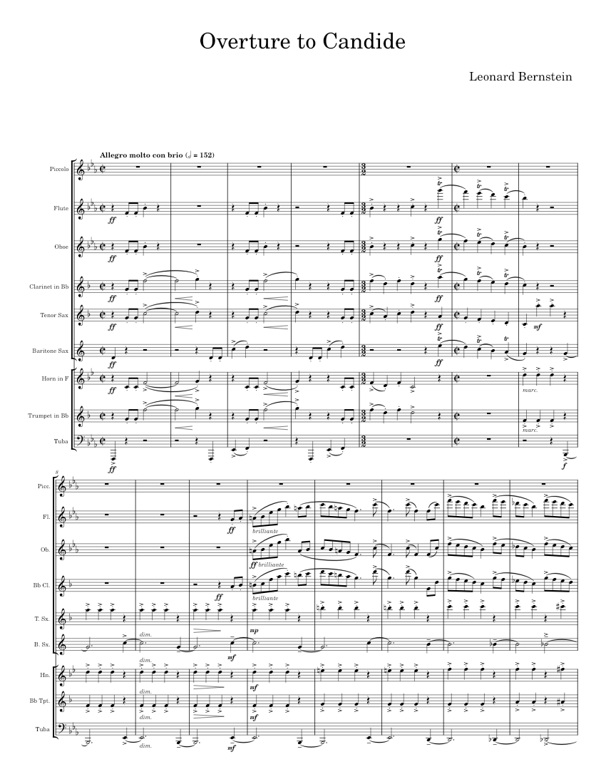 Overture to Candide - Leonard Bernstein Sheet Music for Tuba, Flute, Oboe, Saxophone tenor ...