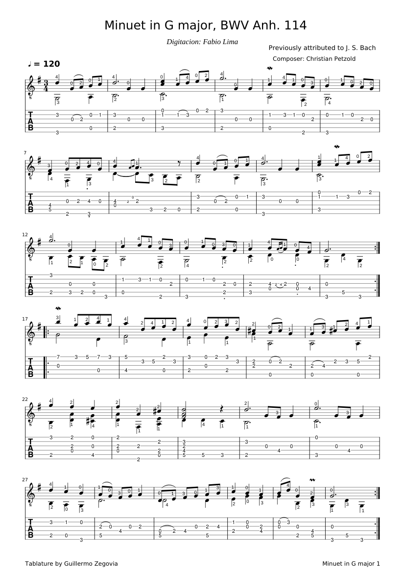 J.S. Bach - Minuet in G major BWV Anh 114 (Classic Guitar) Sheet Music ...