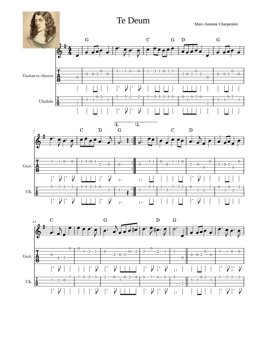 Te Deum, H.146 – Charpentier, Marc-Antoine Sheet music for Guitar, Ukulele, Woodwinds group ...