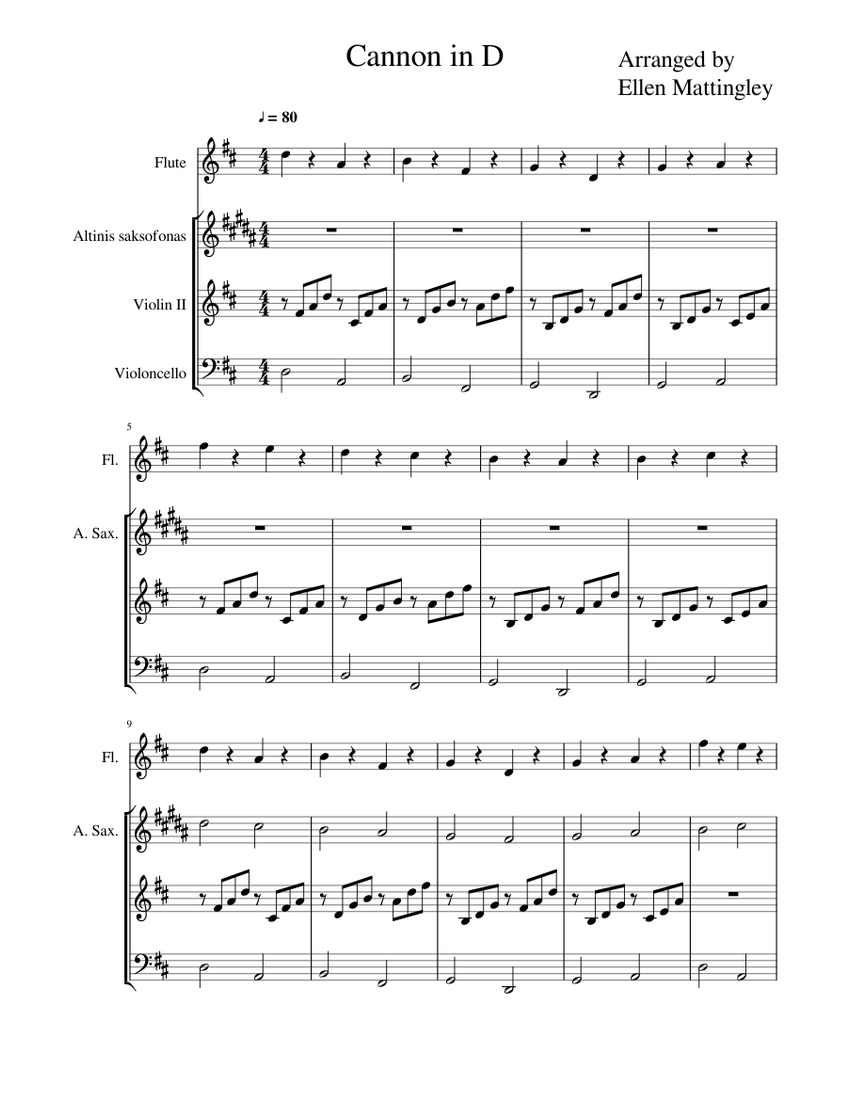Cannon in D 4 instruments Sheet music for Violin, Flute, Saxophone ...