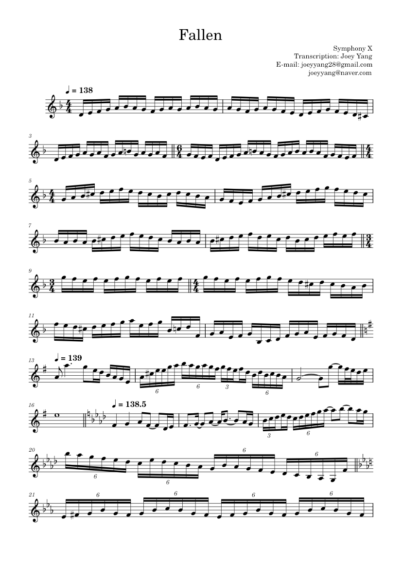 Symphony X - Fallen guitar and keyboard solo part (3:24~4:31) Sheet ...