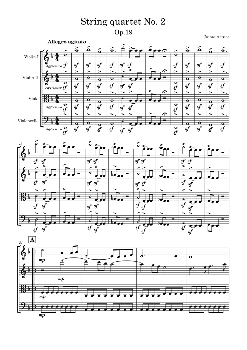 String quartet No. 2 (Allegro agitato), Op.19 - Jaime Arturo Sheet music for Violin, Viola ...