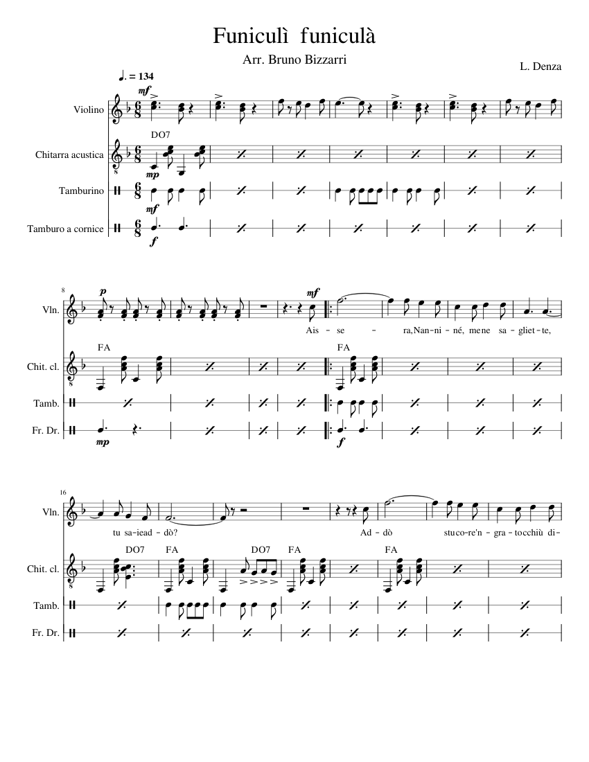 Funiculì funiculà Sheet music for Violin, Guitar, Drum group, Frame ...