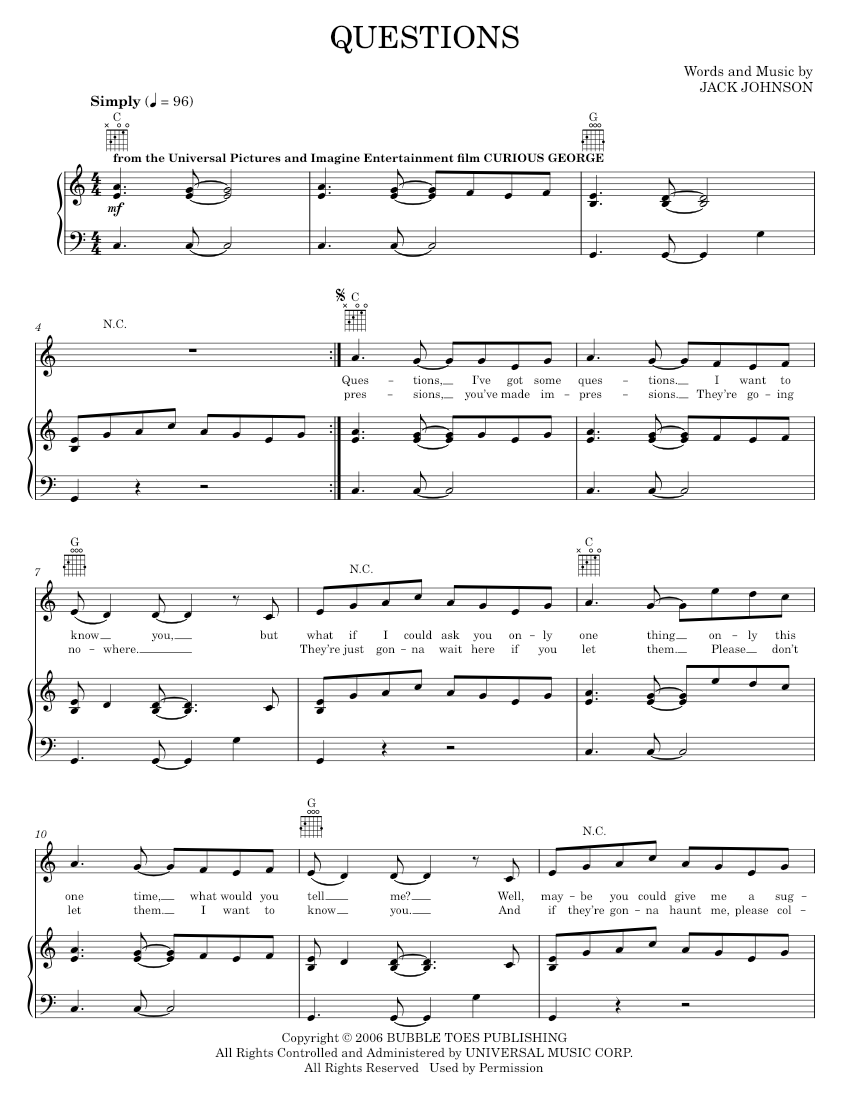 Play Official version of Questions sheet music by Curious George Movie ...