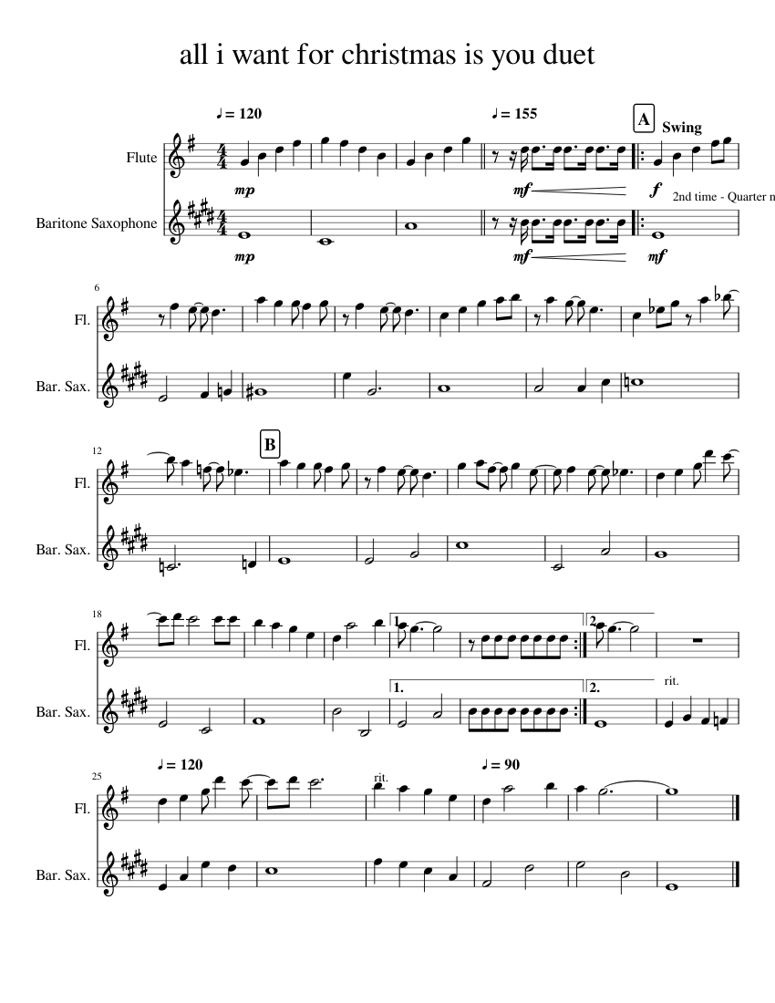 All i want for christmas is you duet Sheet music for Flute, Saxophone ...