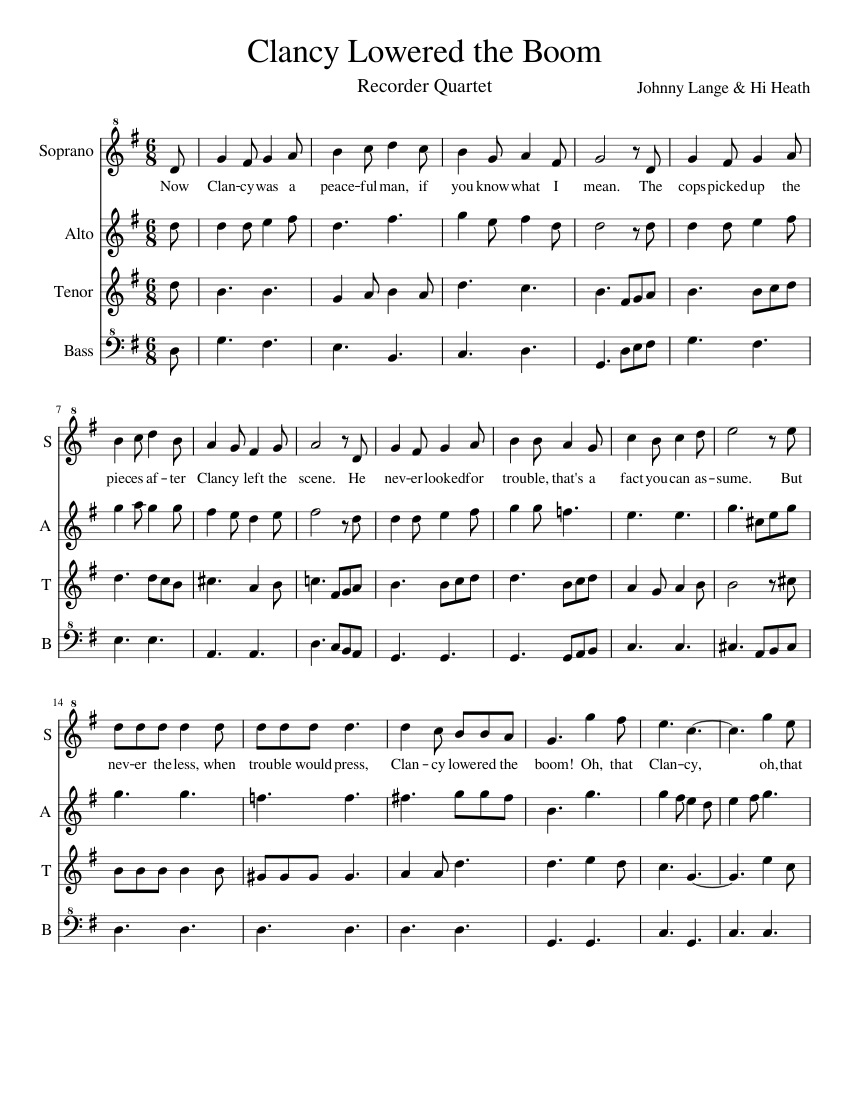 Clancy Lowered the Boom - Recorder Quartet Sheet music for Recorder ...