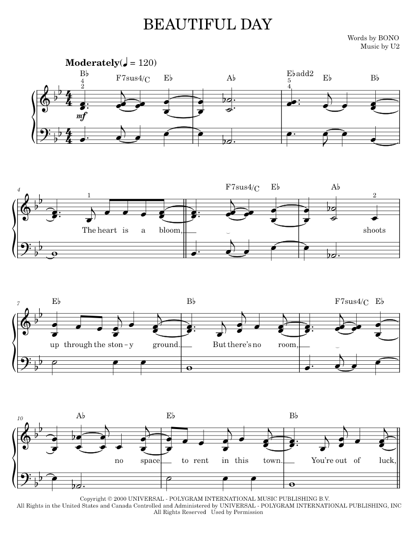 Play Official version of Beautiful day Sheet Music by U2 for Piano ...