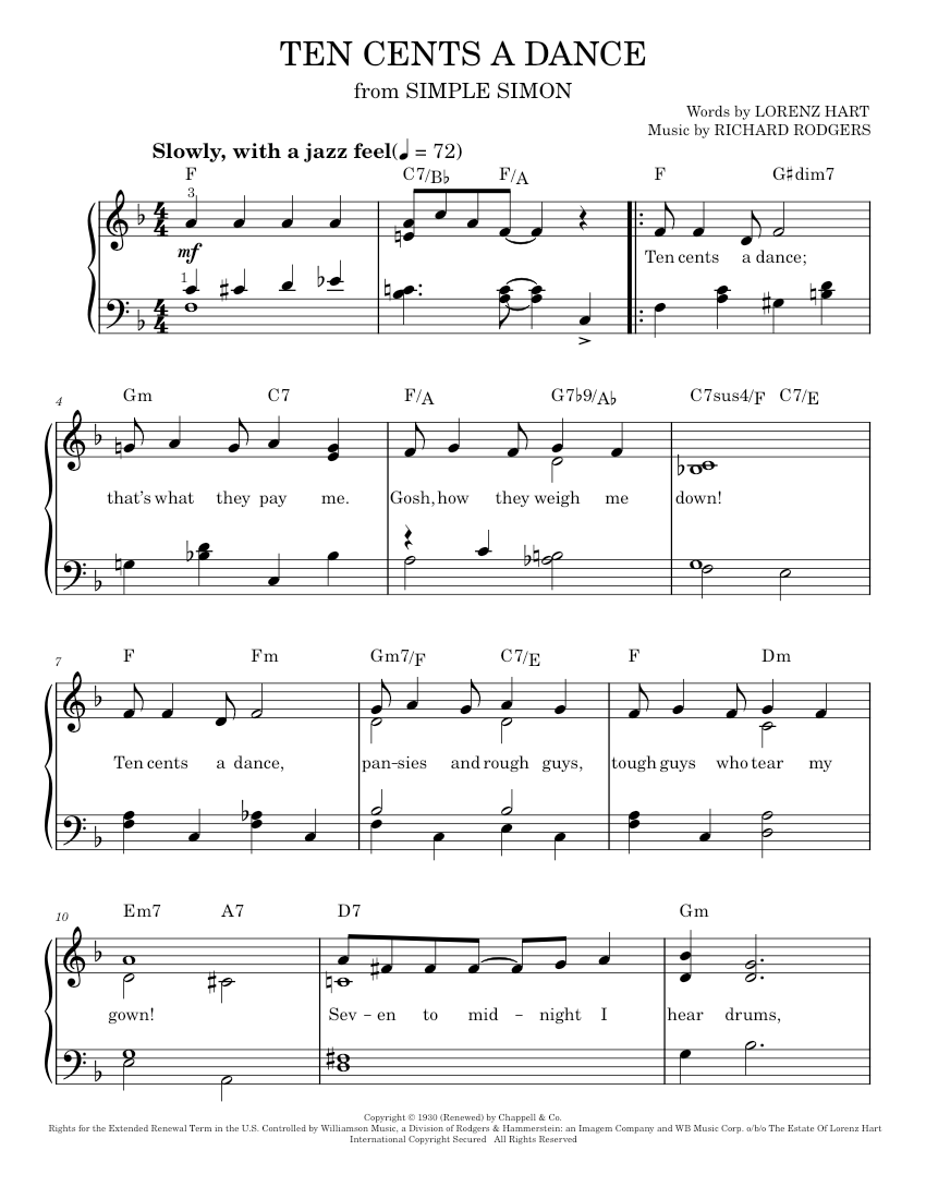 Ten Cents A Dance Sheet music for Piano: Music Notes