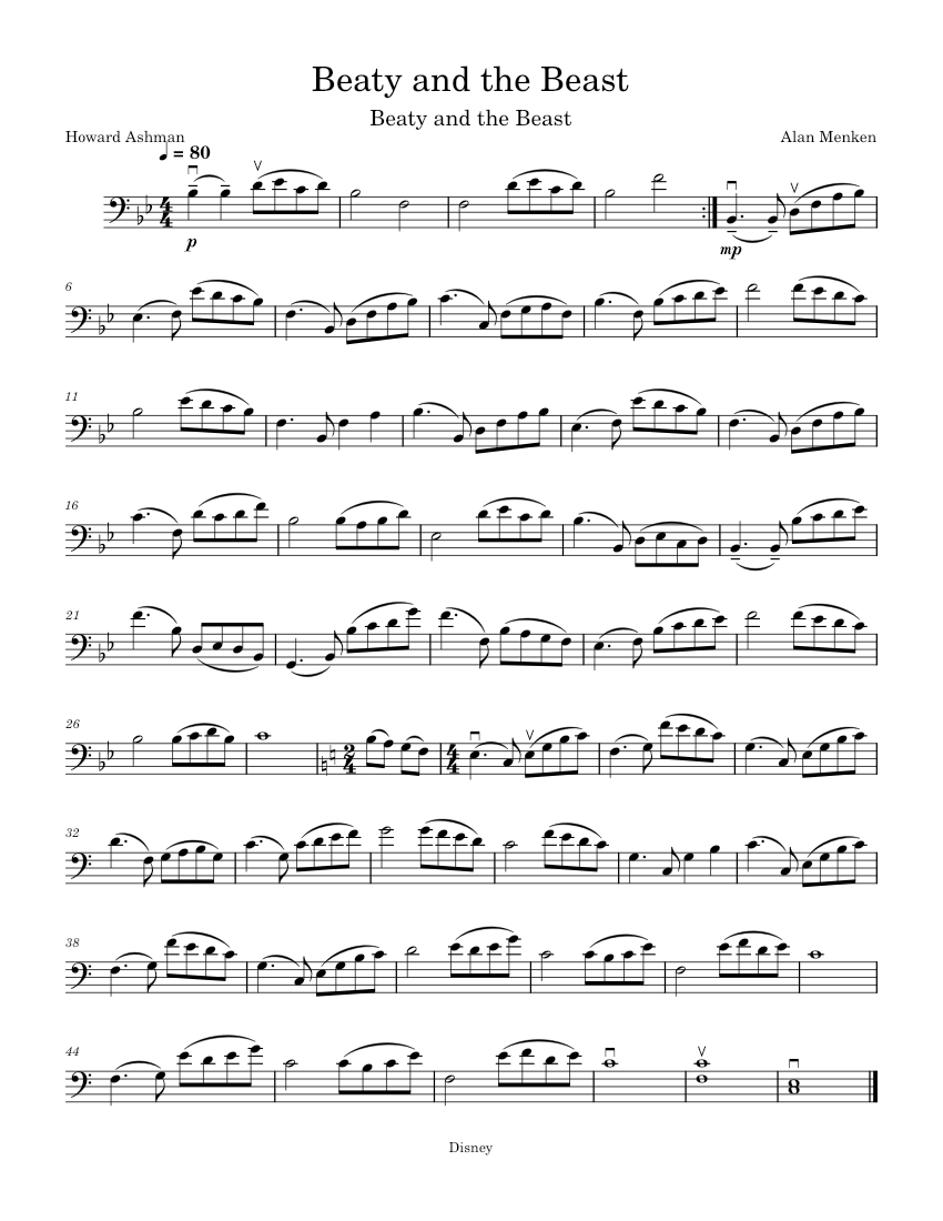 Beauty and the Beast – Alan Menken for Cello Sheet Music for Cello ...