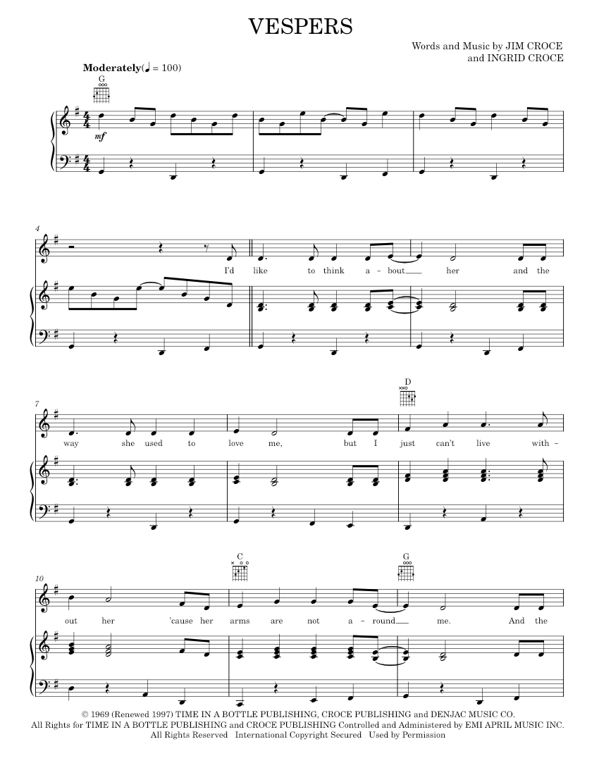 Play Official version of Vespers sheet music by Jim Croce for Piano ...