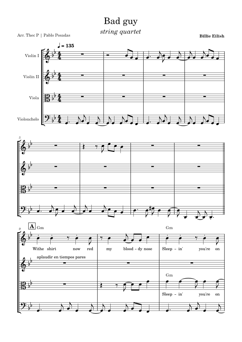 Bad Guy - Billie Eilish (for string quartet) Sheet Music with Chords ...