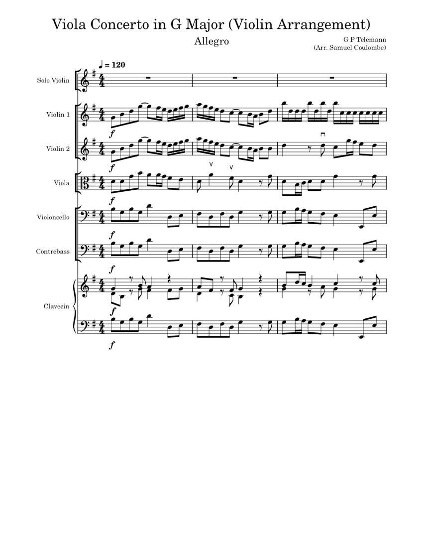 Telemann - Viola Concerto in G Major "Allegro" (Violin Arrangement ...