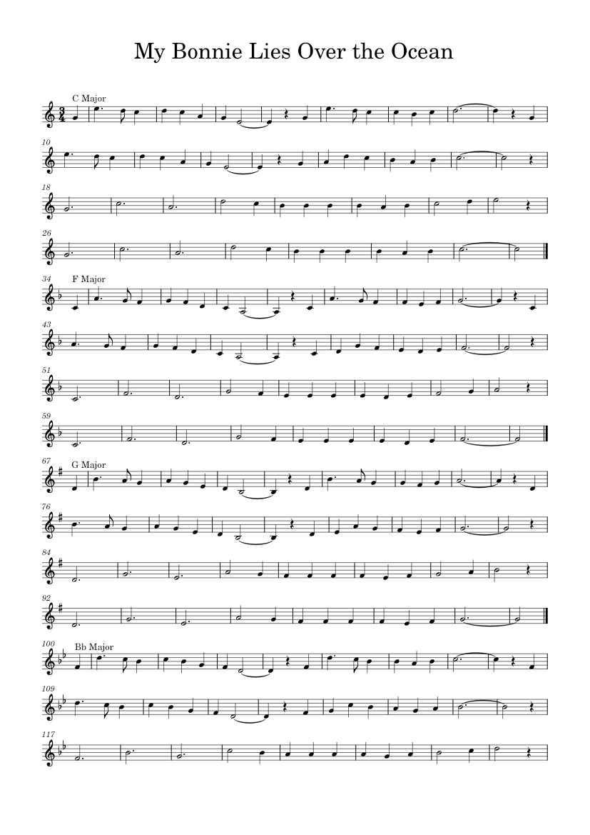 My Bonnie Lies Over the Ocean – Traditional (all keys) Sheet Music for ...