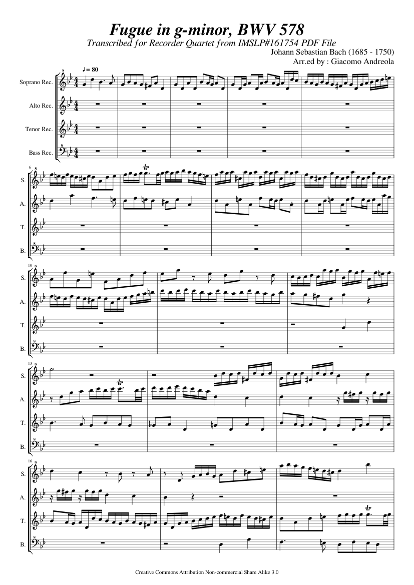 Bach, J. S. _ Fuga in g-minor, BWV 578 [S･A･T･B Recorders] Sheet Music ...