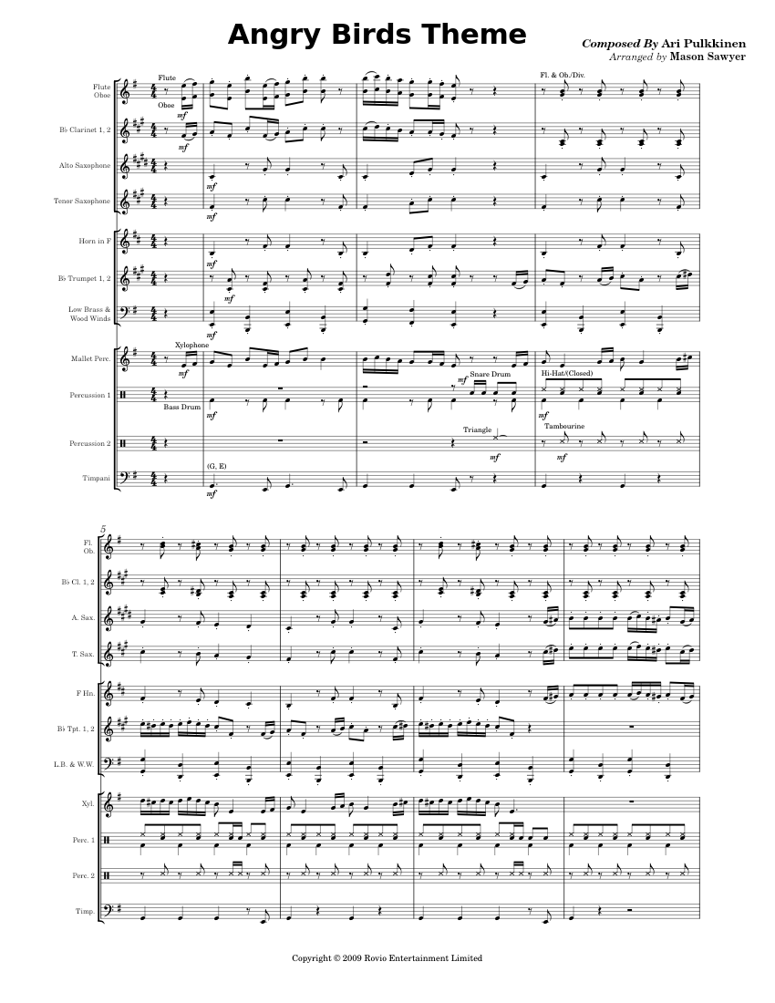 Angry Birds Theme – Ari Pulkkinen ANGRY BIRDS THEME Sheet Music for ...