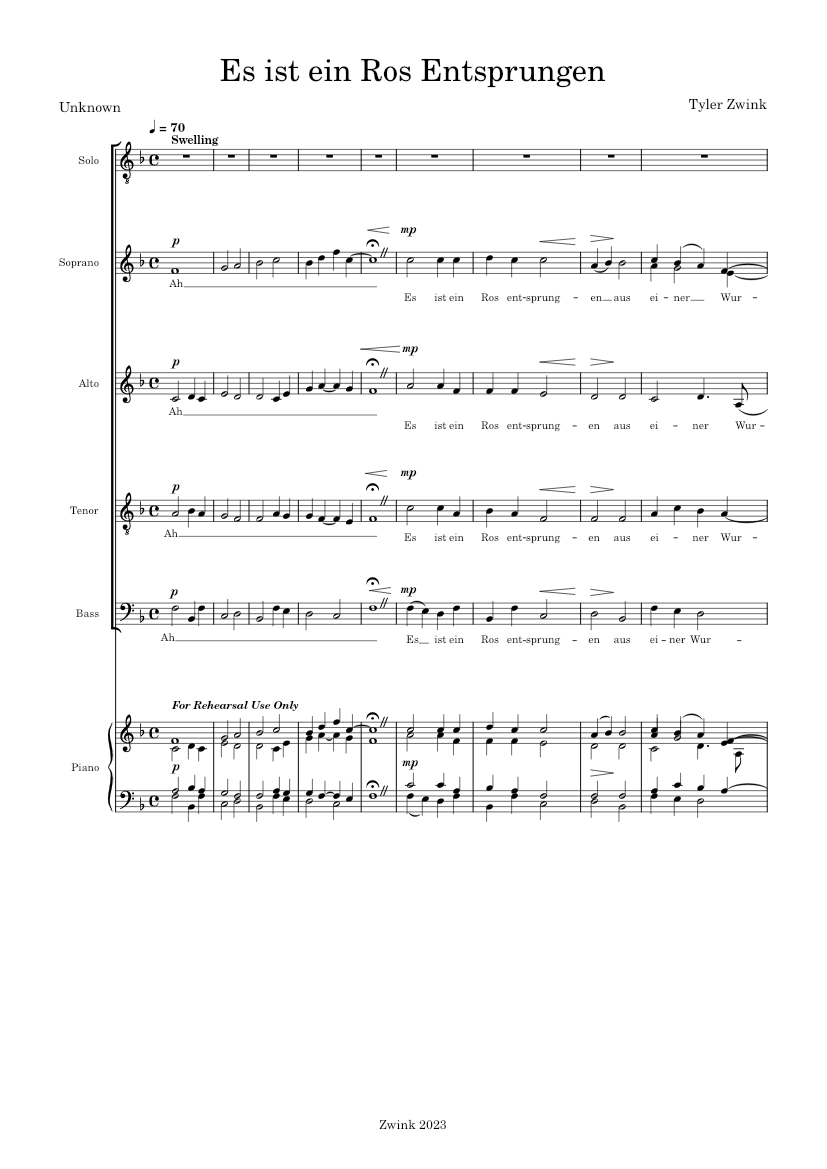Es ist ein Ros entsprungen – Tyler Zwink Sheet music for Piano, Soprano ...