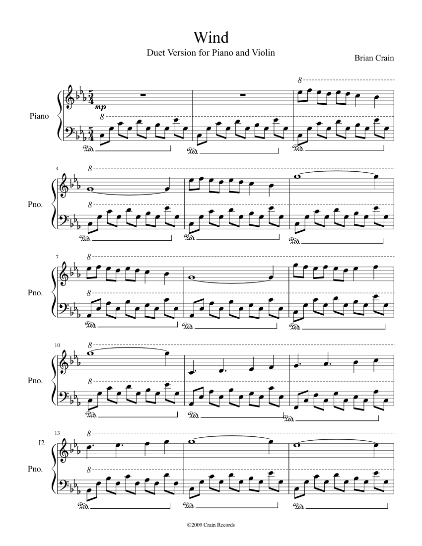 Wind - Brian Crain (Piano and Violin Duet) Please See Videoscore Sheet ...