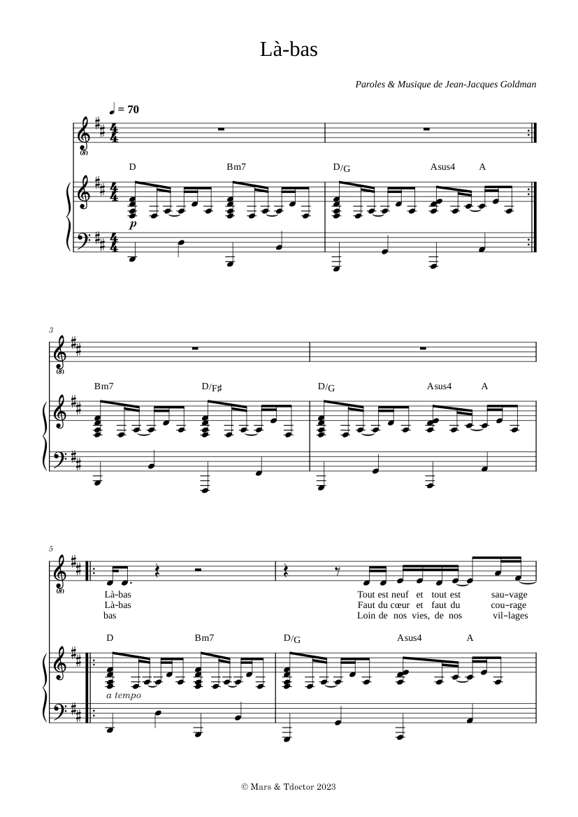 Là-bas – Jean-Jacques Goldman Sheet Music with Chords for Piano, Vocals ...