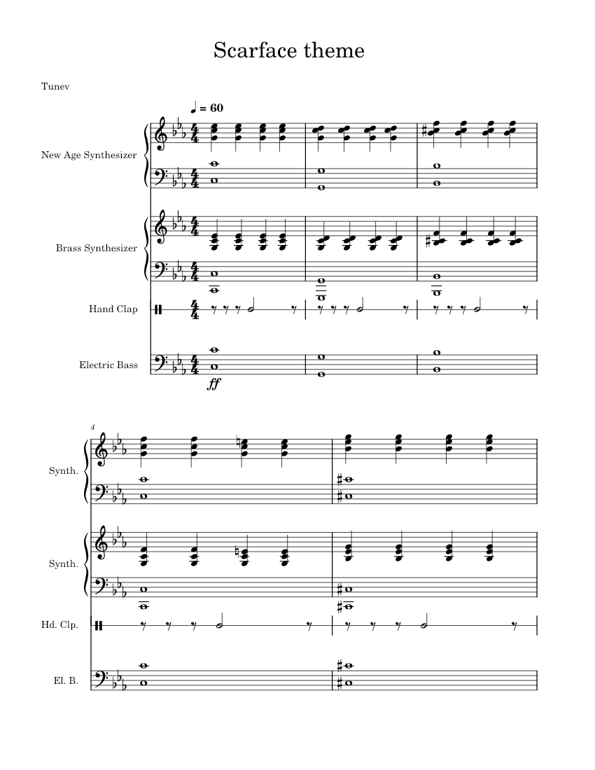 Scarface - Theme Sheet music for Bass guitar, Synthesizer, Hand clap ...