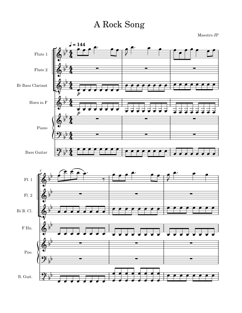 A Rock Song Sheet music for Piano, Flute, Clarinet bass, French horn ...