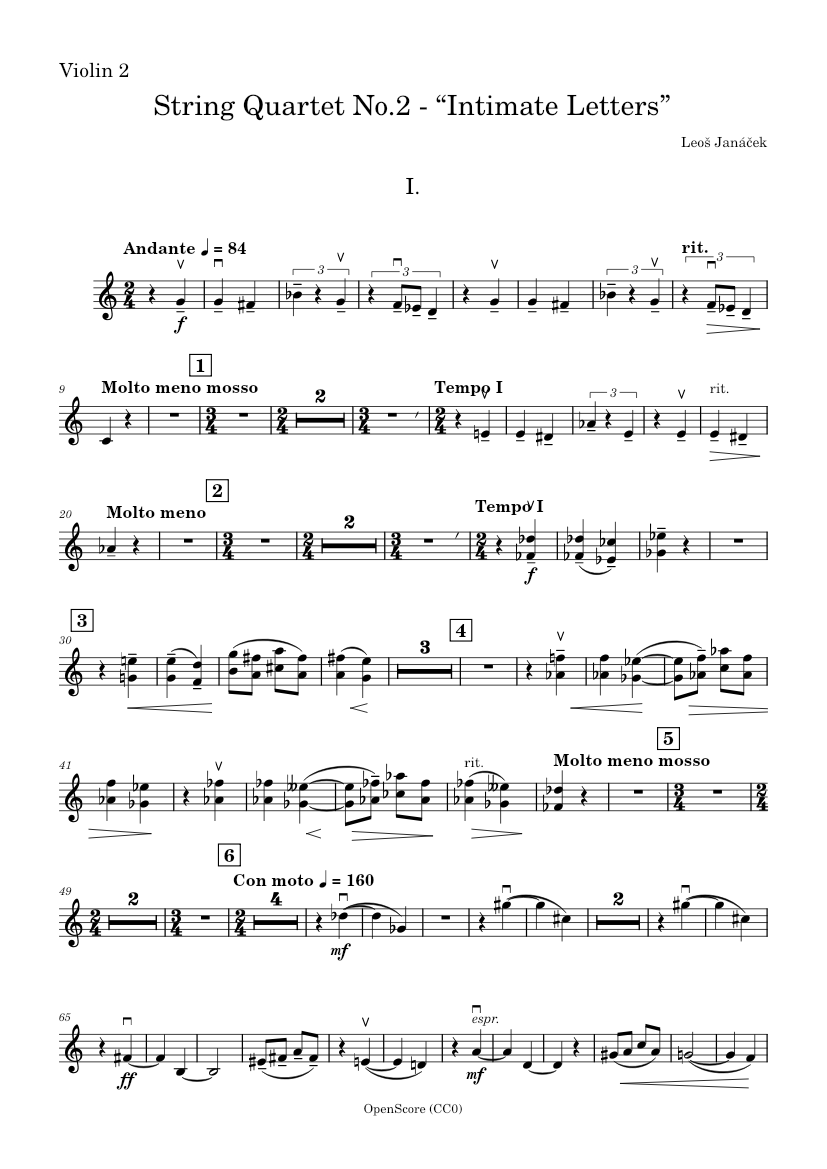 String Quartet No.2, “Intimate Letters” – Leoš Janáček - Violin 2 PART Sheet music for Violin ...