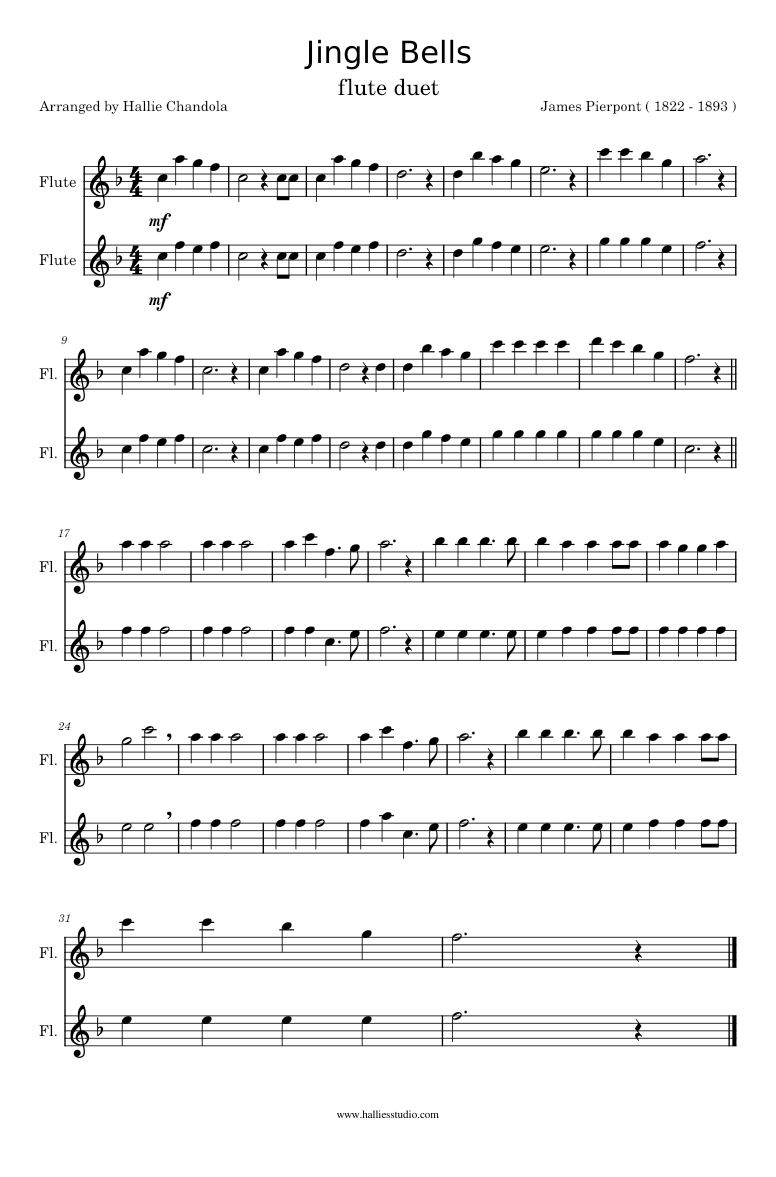 Jingle Bells – James Pierpont Flute duet Sheet music for Flute ...