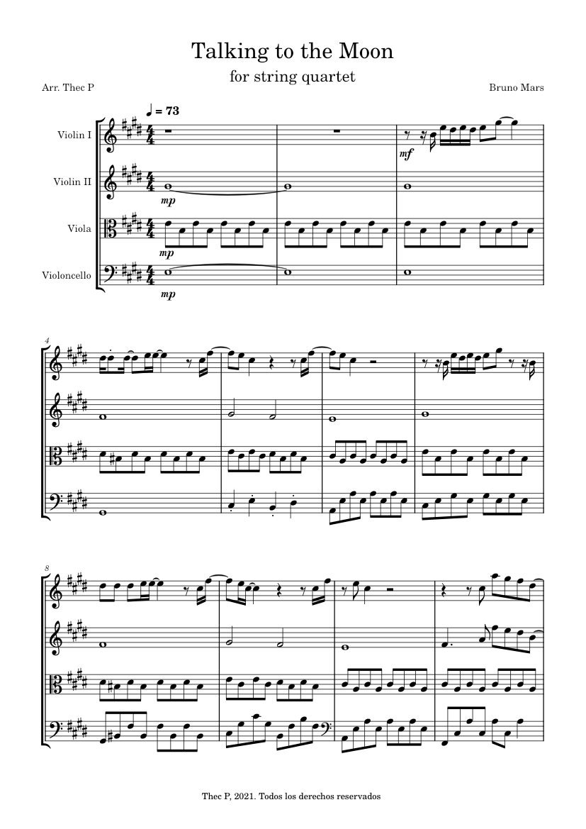 Bruno Mars - Talking to the Moon Sheet Music for Violin, Viola, Cello ...