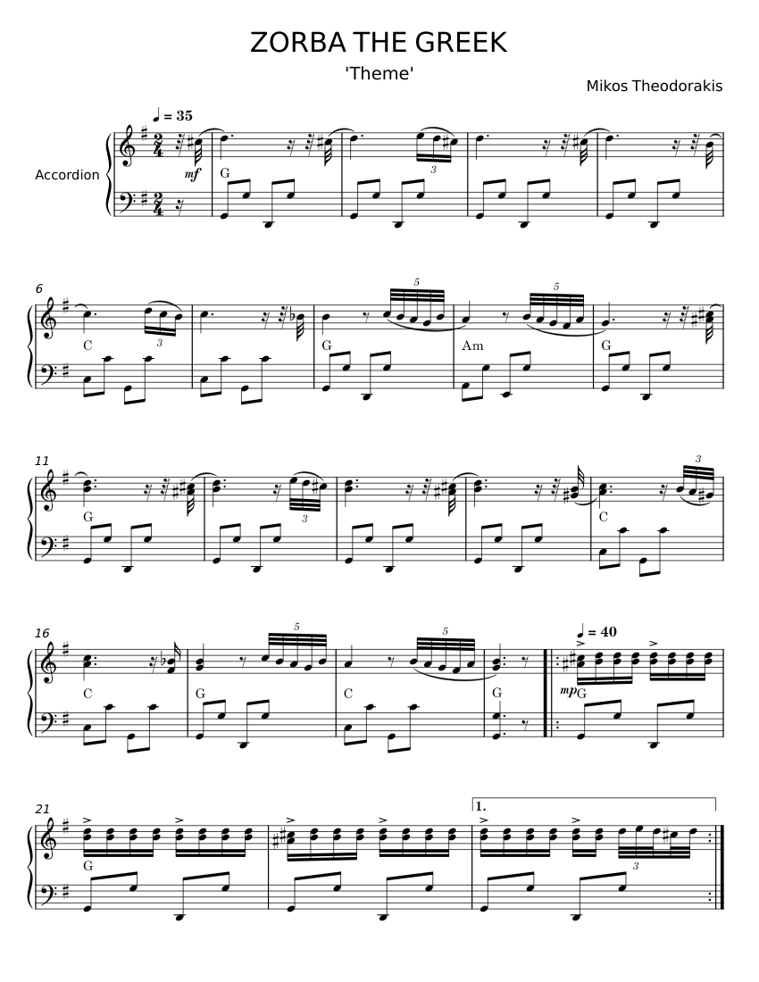ZORBA THE GREEK Sheet Music with Chords for Accordion (Solo ...