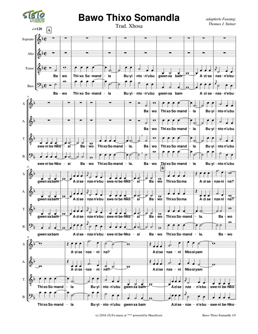 Bawo Thixo Somandla Sheet music for Soprano, Alto, Tenor, Bass voice ...
