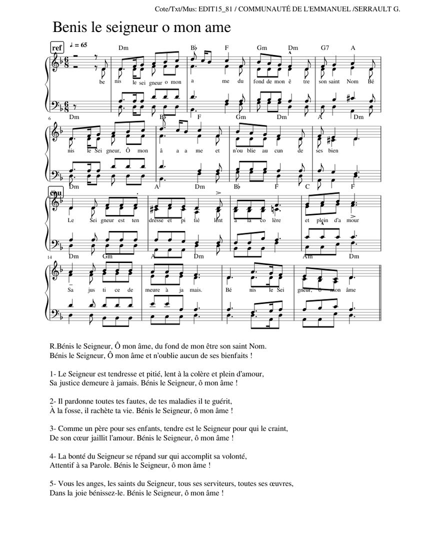 benis le seigneur o mon ame-C114-DP-SATB-PSAUME Sheet music for Piano ...