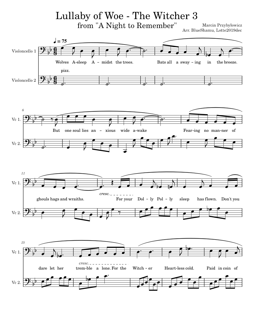 Lullaby of Woe - Witcher 3 (with lyrics) Sheet music for Cello (String ...