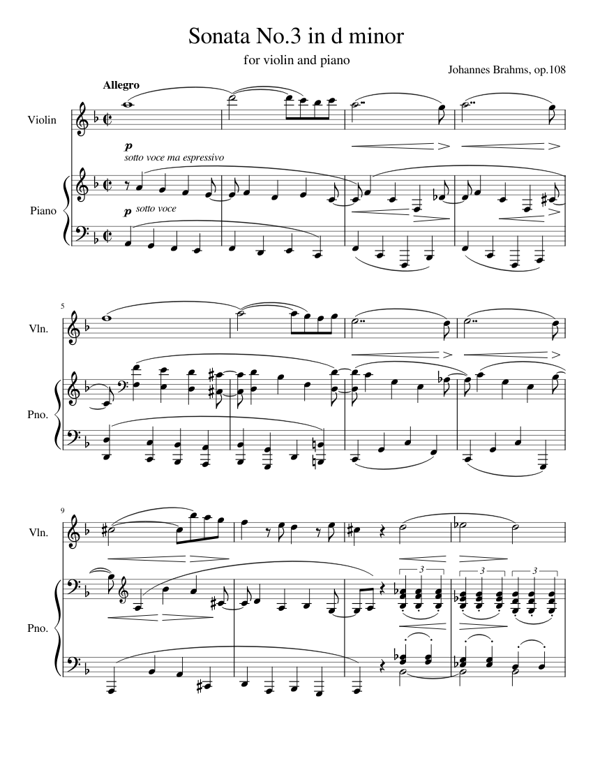 Brahms Violin Sonata No. 3 in D minor, Op.108 Sheet Music for Piano, Violin (Solo) | MuseScore.com
