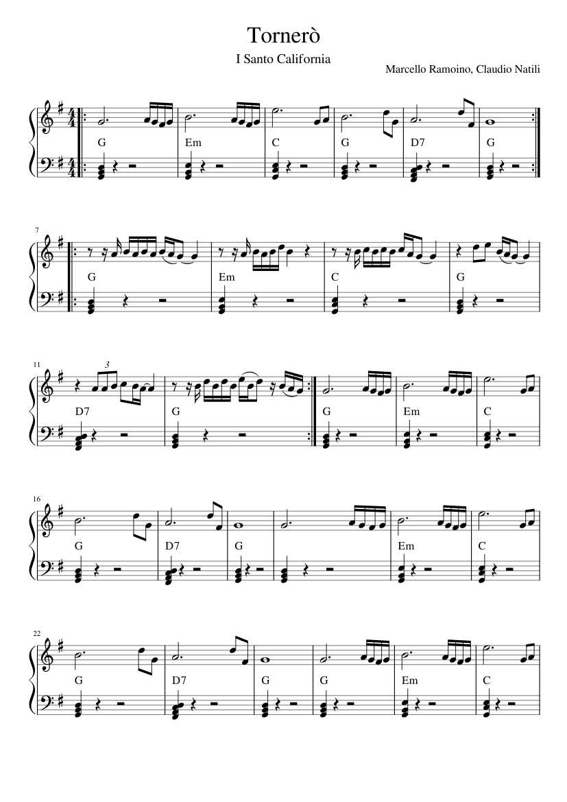Tornerò – I Santo California Tornerò Sheet Music with Chords for Piano ...