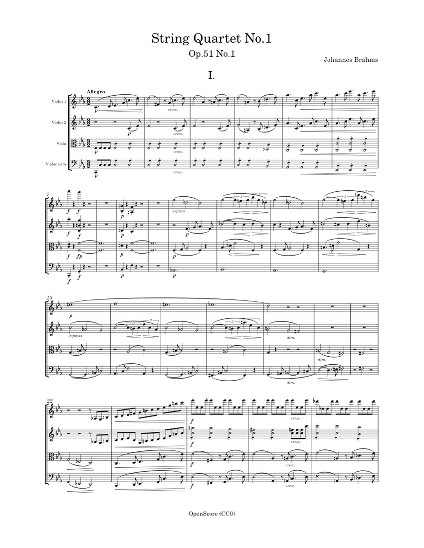 Brahms, Johannes - String Quartet No.1, Op.51, No.1 – SCORE Sheet music for Violin, Viola, Cello ...