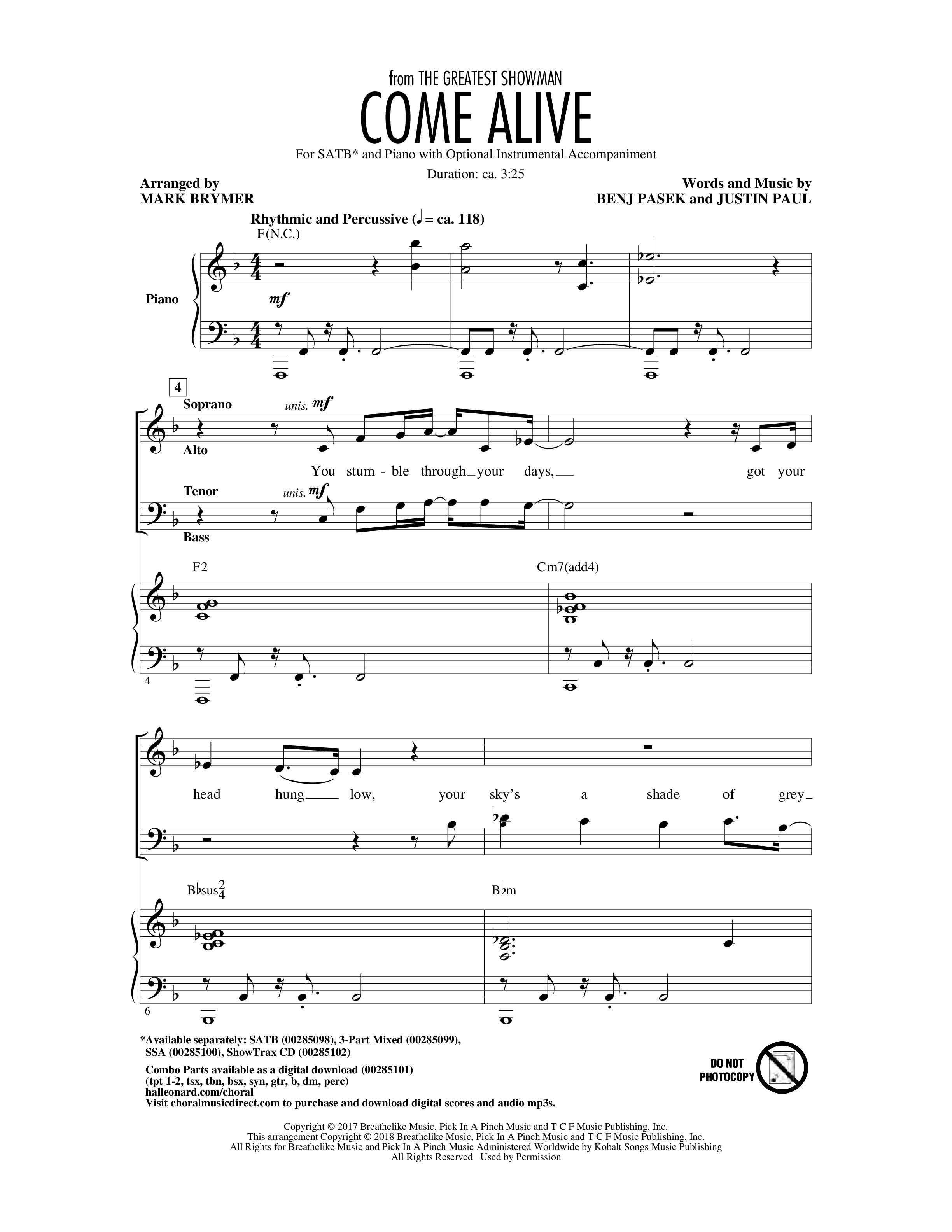Play Official version of Come Alive Sheet Music by Benj Pasek and ...