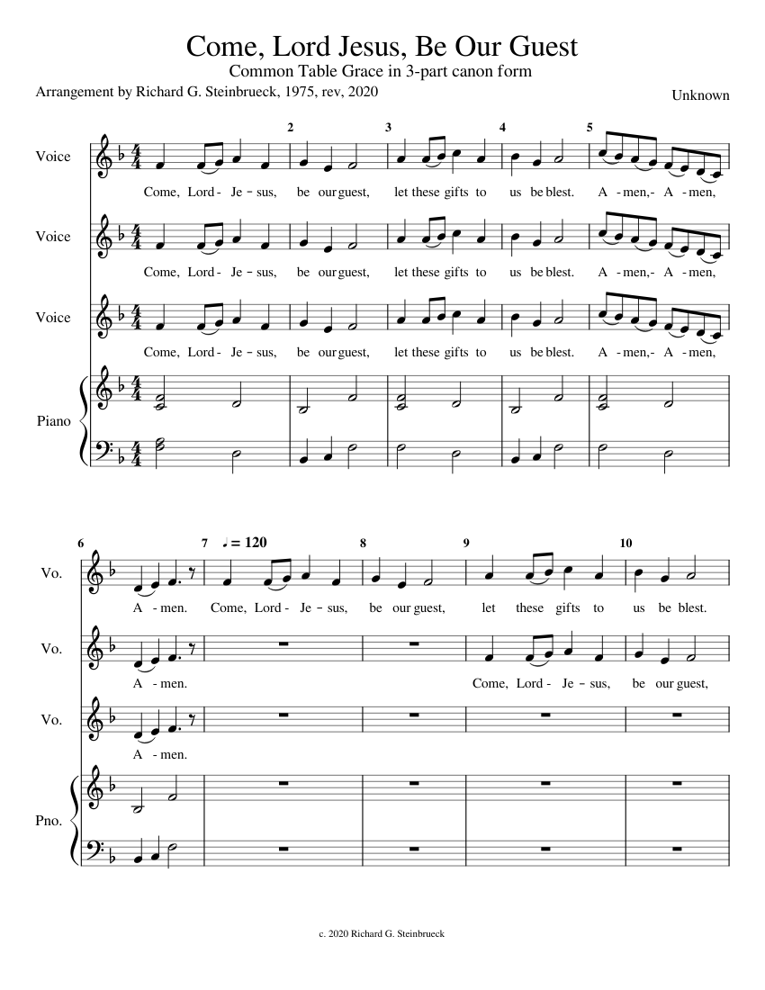Come, Lord Jesus, Be Our Guest - 3-part canon Sheet music for Piano ...