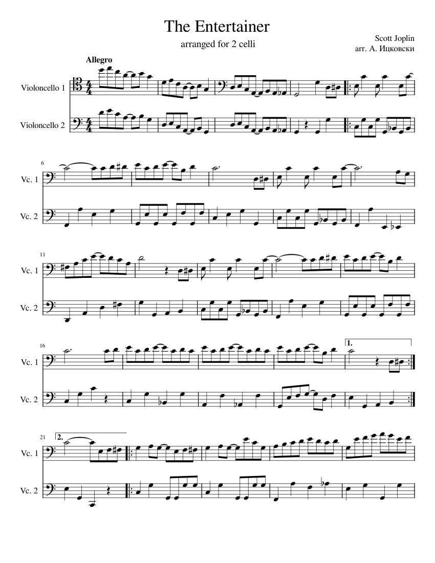 The entertainer – Scott Joplin The Entertainer arranged for 2 celli ...