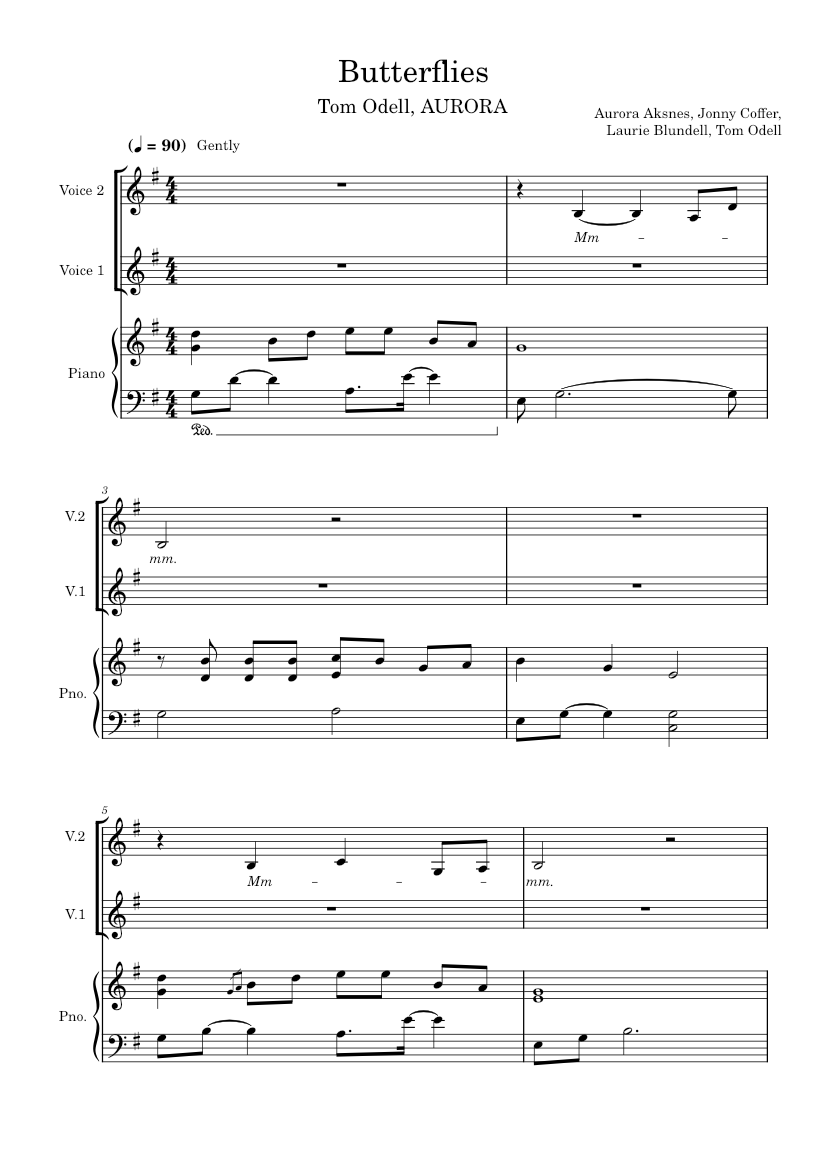 Butterflies – Tom Odell, AURORA Sheet Music for Piano, Voice (other ...