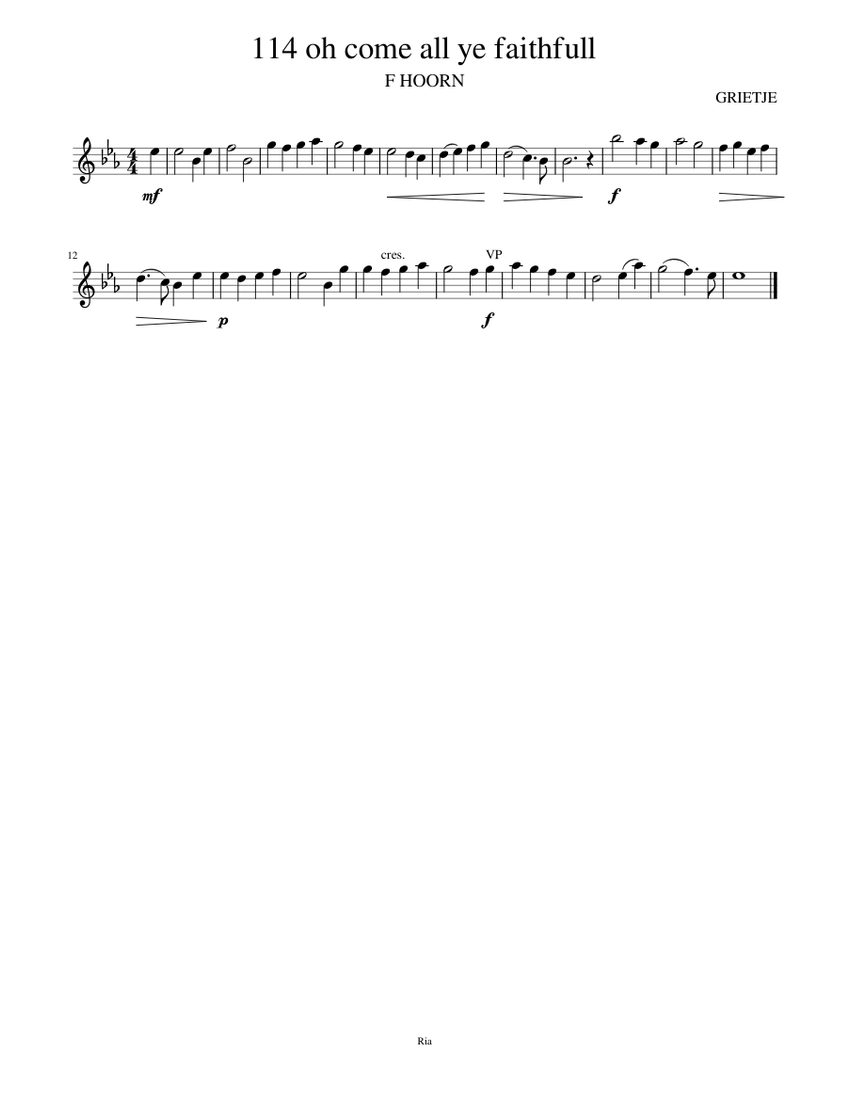 114 O COME ALL YE FAITHFUL F HOORN HOOG Sheet music for Cornet (Solo ...