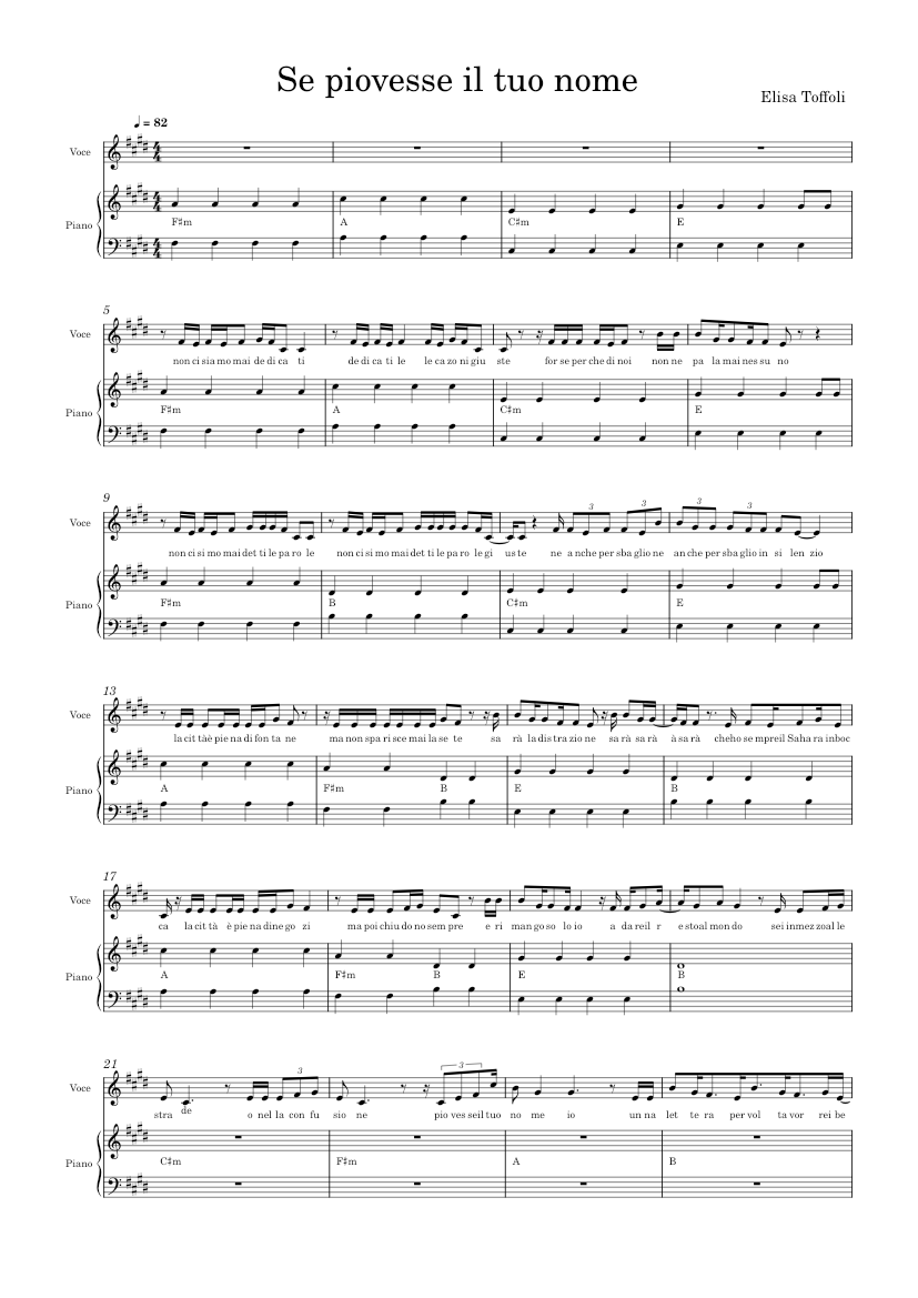 Se piovesse il tuo nome – Elisa Sheet Music with Chords for Piano ...