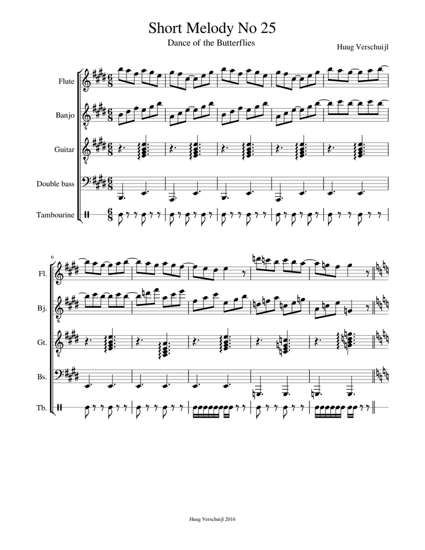Short Melody No. 25 Sheet music for Tambourine, Flute, Guitar, Bass ...