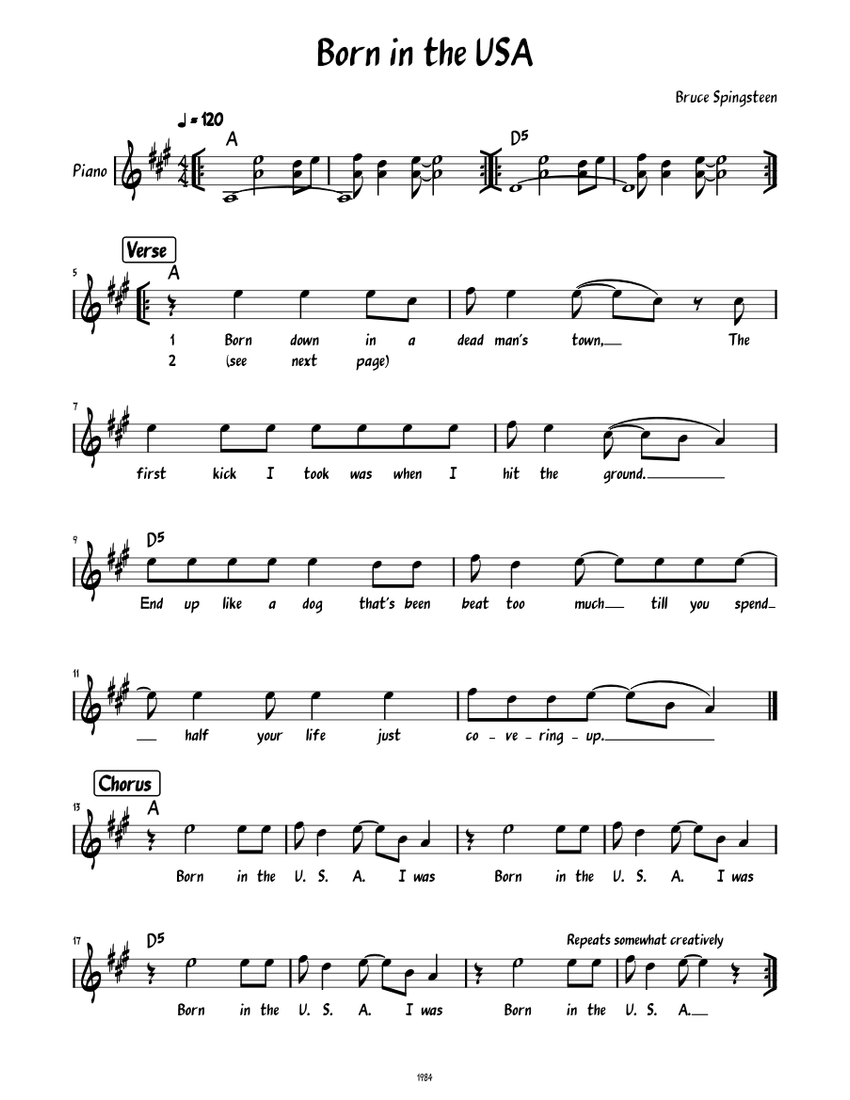 Born in the USA (Lead sheet with lyrics ) Sheet music for Piano (Piano ...