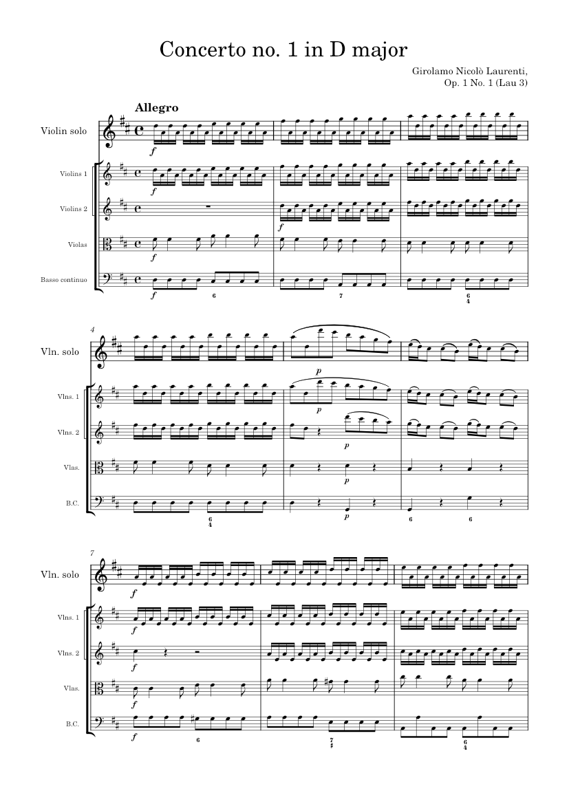 Concerto No. 1 in D major, op. 1 no. 1 – Girolamo Nicolò Laurenti Sheet music for Violin ...