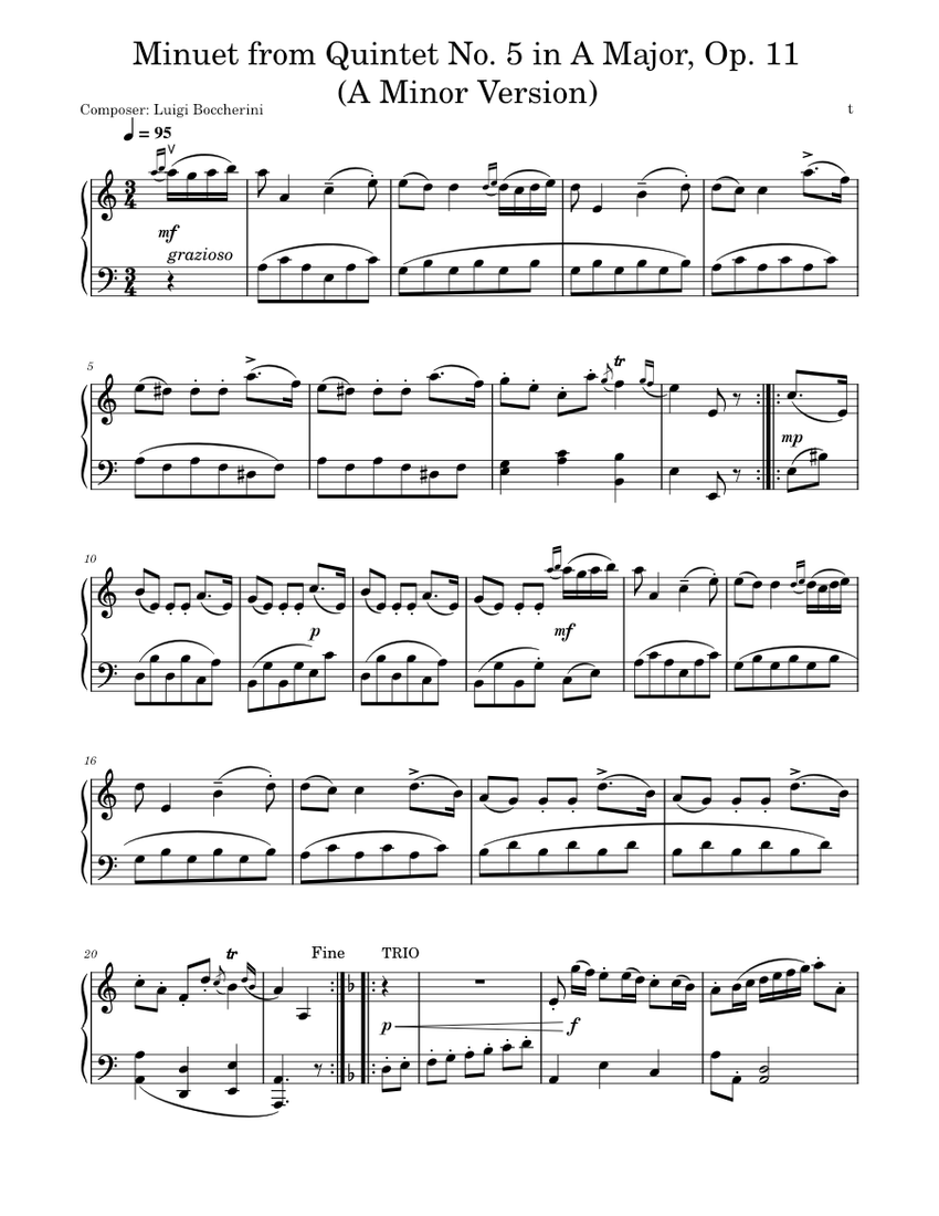 String Quintet in E Major, Op.11 No.5 G275, Minuetto – Luigi Boccherini A-Moll Version arr. Milo ...